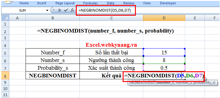 Hàm NEGBINOMDIST – Phân bố nhị thức âm - Webkynang - Học Excel FREE